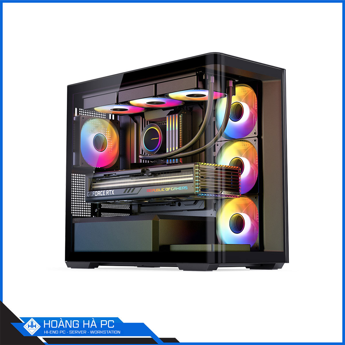 Vỏ case Jonsbo D300 (M-ATX, Màu Đen, Kính cong)